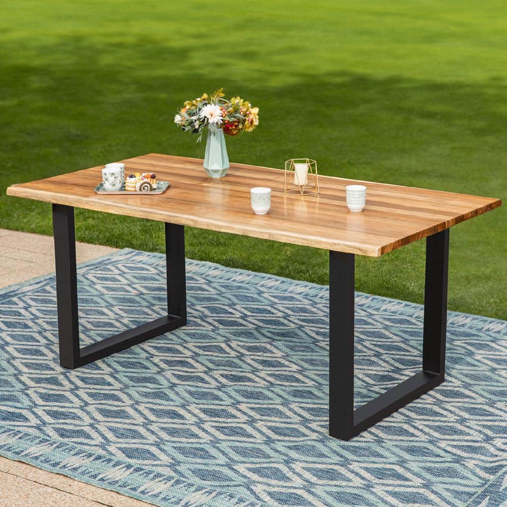 PHI VILLA Brown Acacia Wood Patio Dining Table with sleek U-shaped legs ...