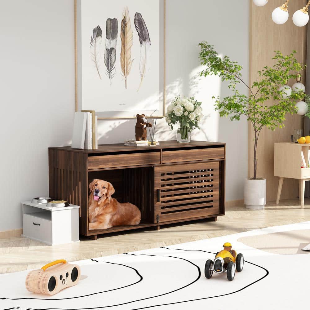 FUFU&GAGA Walnut Dog Crate Furniture, Wooden Dog Crate Kennel with 2-Drawers and Divider, Heavy ...