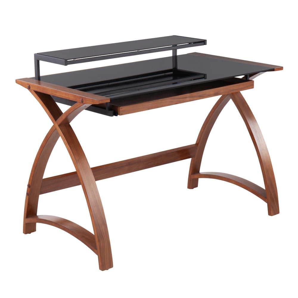 Lumisource Bentley 43 in. Walnut Wood and Black Glass Computer Desk ...