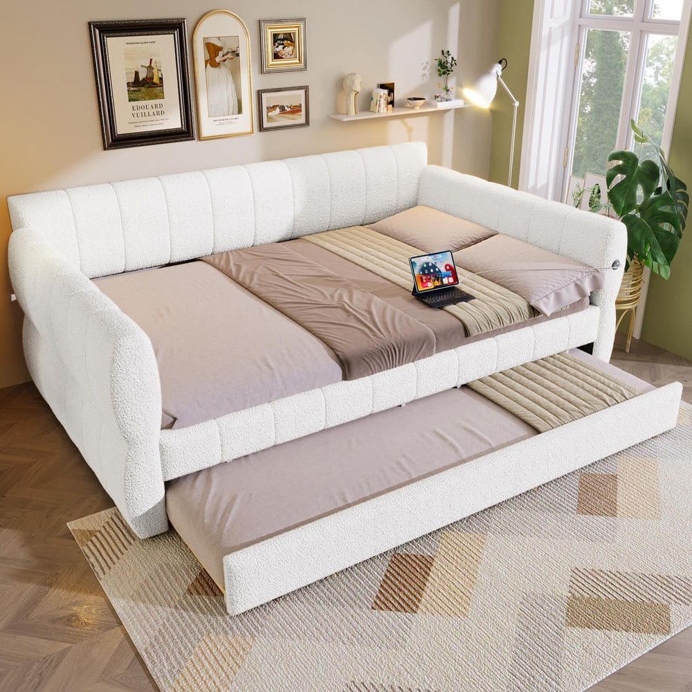Noble House Mavora Modern White Fabric Upholstery Wood Frame Queen Size ...