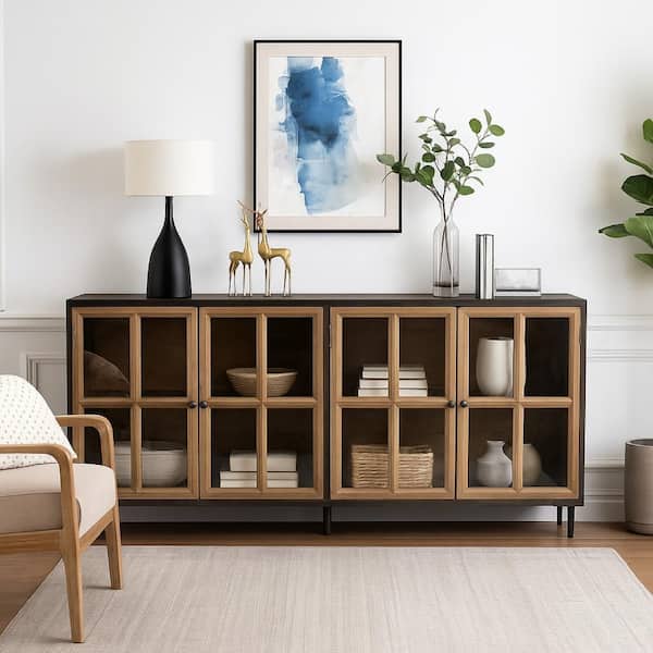 Benjara Cara Espresso Brown Pine Wood Sideboard Buffet Cabinet with 4 ...