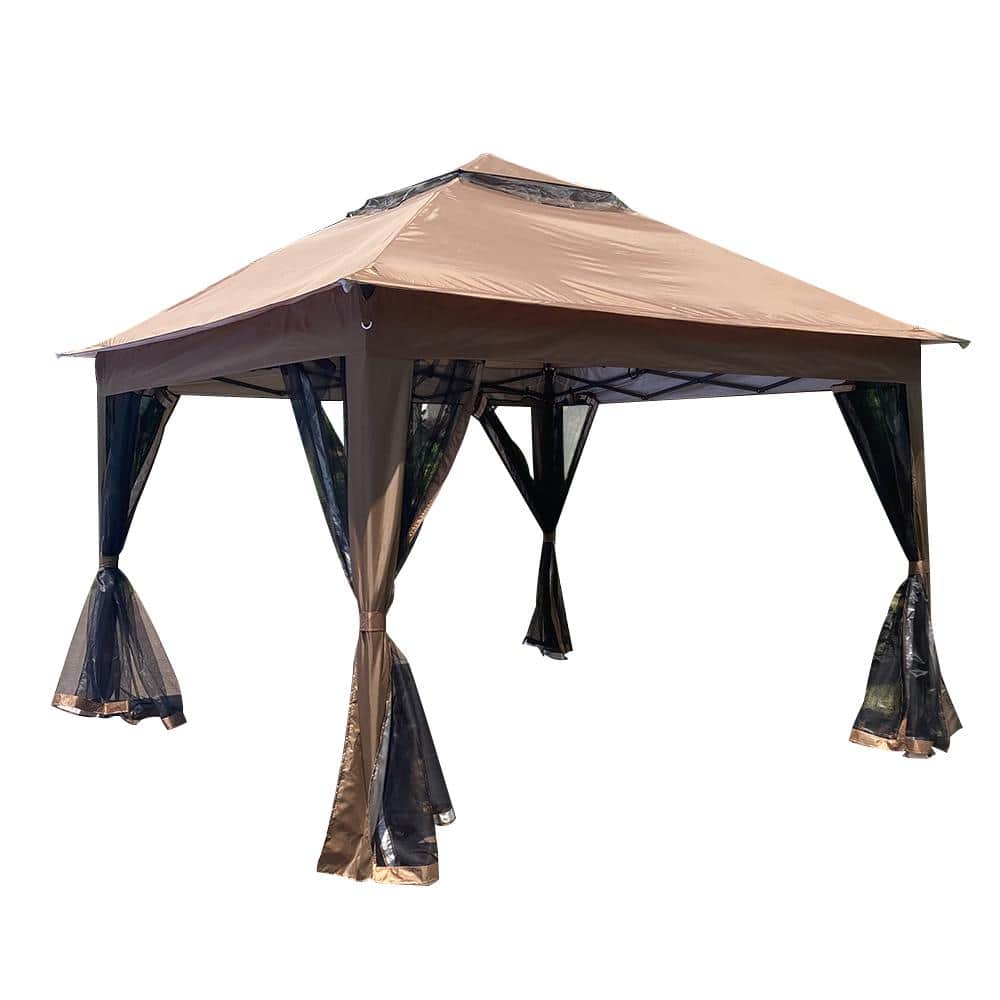 Zeus & Ruta 11 ft. x 11 ft. Brown Pop-Up Instant Gazebo Tent Outdoor ...