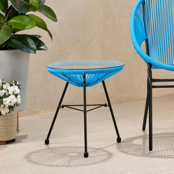 18 in. H Outdoor Blue Round Metal Side Table, Tempered Glass Top For ...