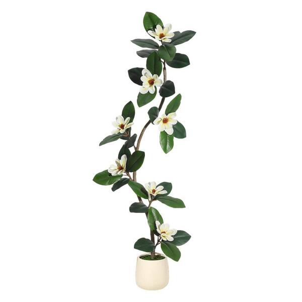 5 ft. Artificial Rubber Tree in White Pot with 7 Magnolia Flowers ...