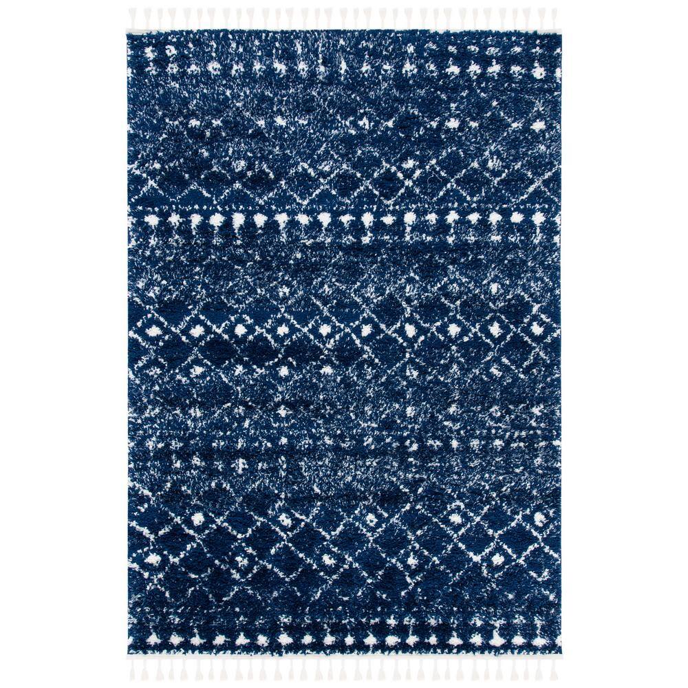 SAFAVIEH Berber Fringe Shag Dark Blue/Ivory 4 ft. x 6 ft. Ikat Area Rug ...
