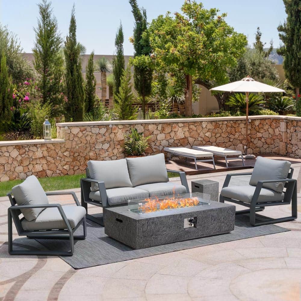 Cesicia Gray Terrazzo Rectangular Outdoor Fire Pit Table with Glass ...