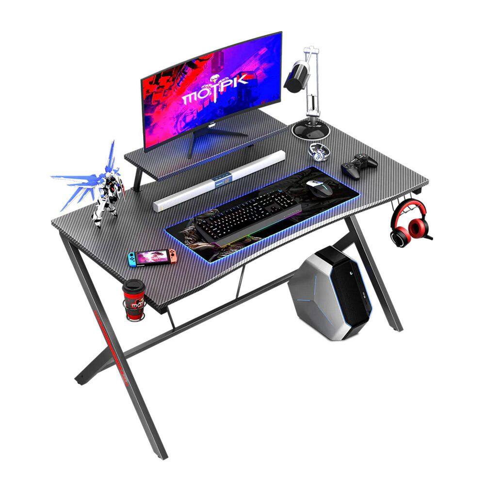 39 in. Carbon Fiber Computer Gaming Desk with Raised Monitor Shelf ...