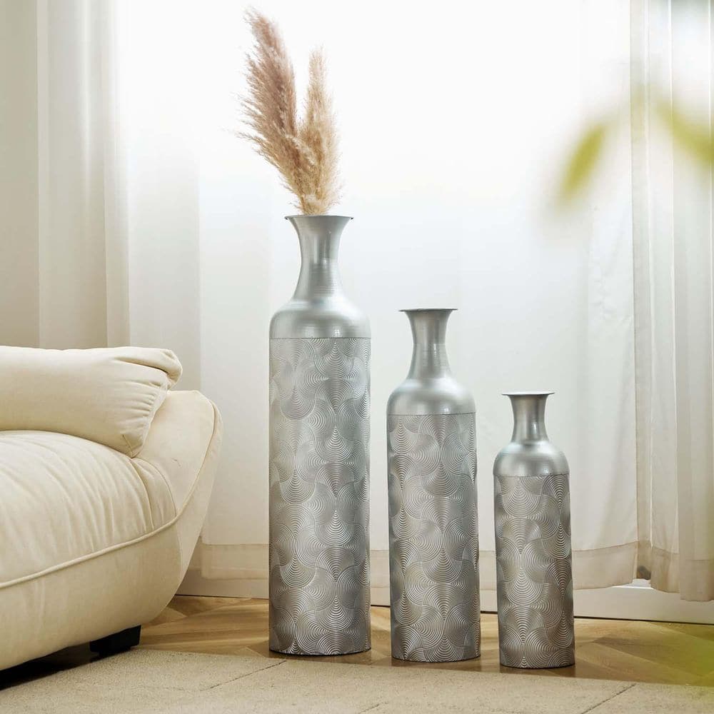 32.6 in. 26 in. 19.6 in. Silver Metal Vases Set of 3, Modern Floor ...