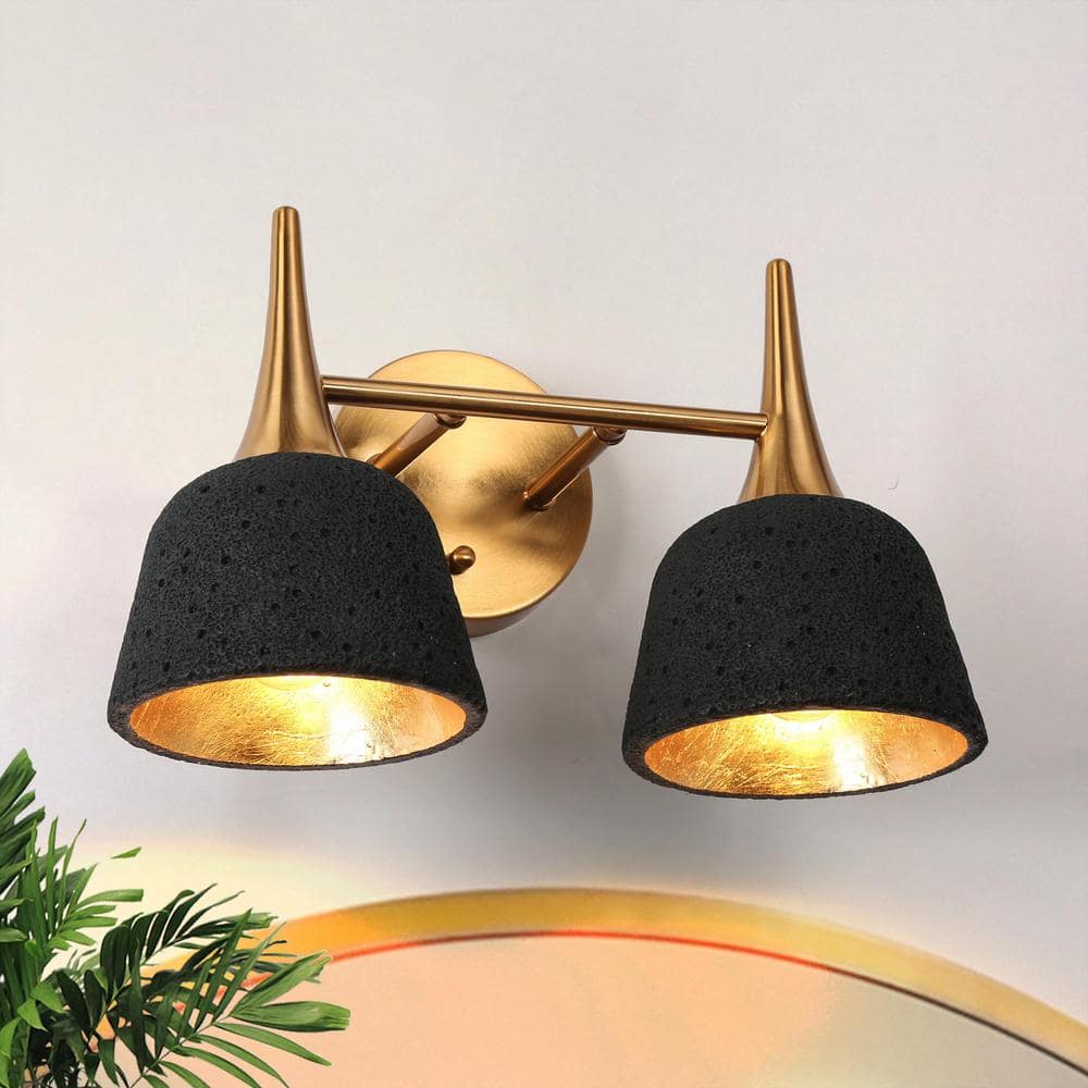 Uolfin Modern Industrial Black and Gold Vanity Light, 13.8 in. 2-Light ...