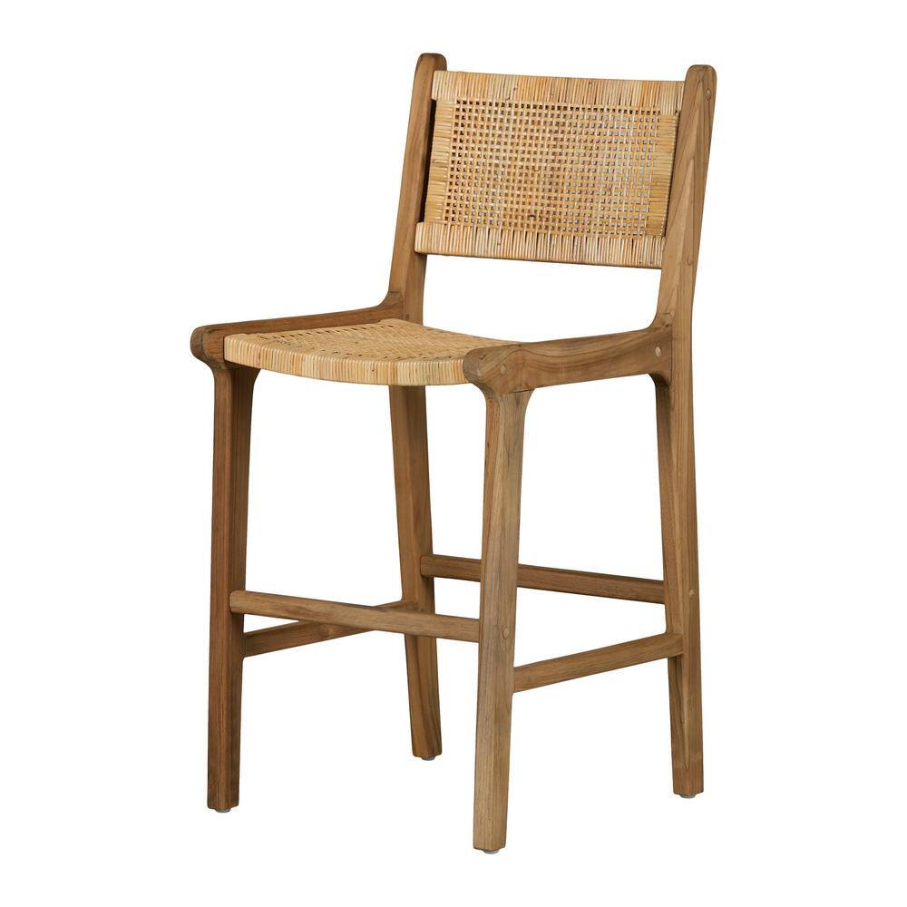 South Shore Balka 25,25 in. Rattan and Natural Low Back Wood Bar Stool ...
