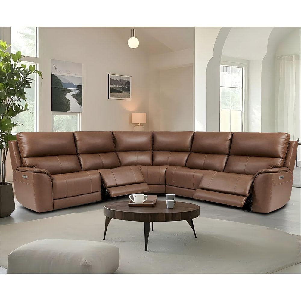 Ellesophas 123 in. Double Width Genuine Leather Power Sectional Sofa w ...