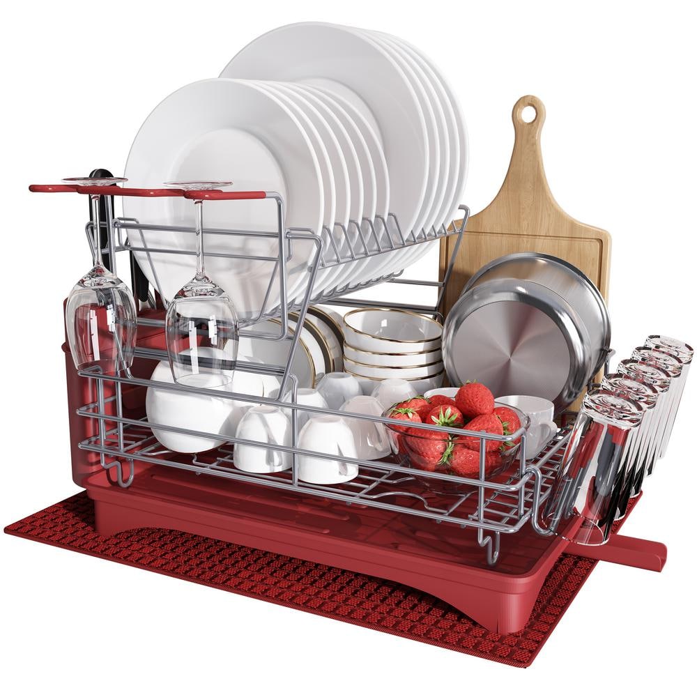 JASIWAY 2-Tier Metal Standing Dish Rack in Red with Wine Glasses Rack J ...