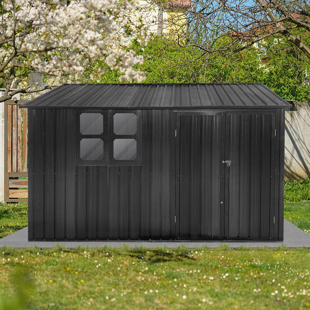 Huluwat 10 ft. W x 8 ft. D Dark Gray Metal Shed with Window and Double ...