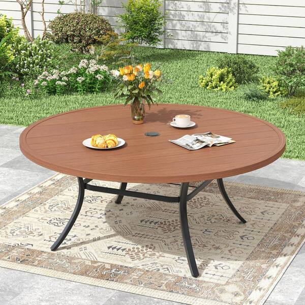 DIFY Walnut 60 in. Round Outdoor Patio Table, All-Weather Metal Dining ...