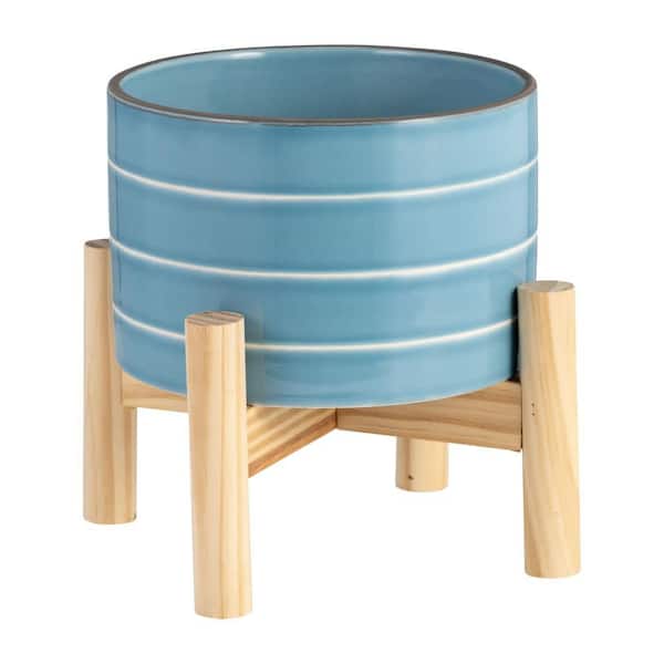 Liv & Skye Blue Sky Ceramic Striped Planter (6 in. W x 4 in. H) with ...