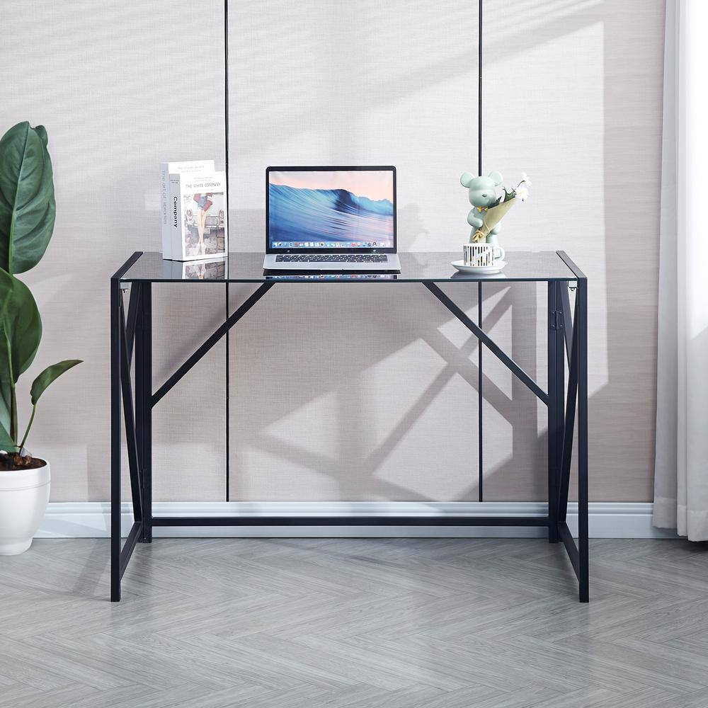 Ophelia 43.31 in. Black Transparent Small Rectangle Glass Study Accent ...