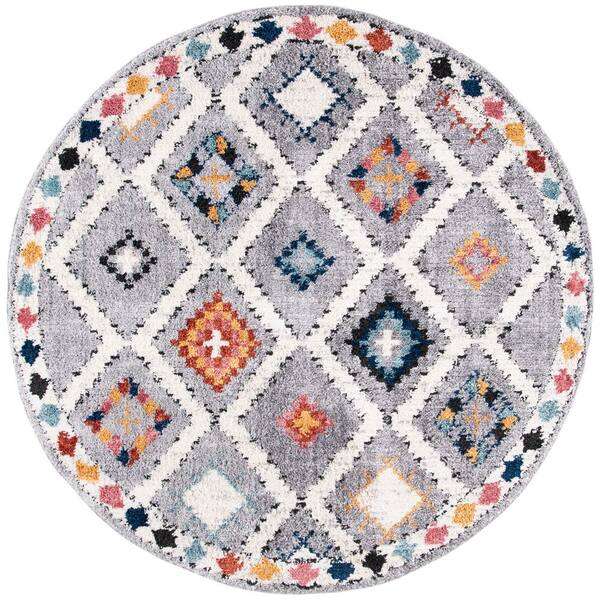 SAFAVIEH Morocco Gray/Multi 7 ft. x 7 ft. Geometric Border Round Area ...