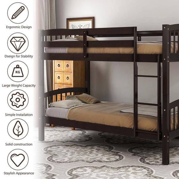 ANBAZAR Wood Bunk Bed Twin Over Twin Bunk Bed Wood 2 in 1 Bunk Bed with Ladder and Guardrails for Kids Teens Espresso FF90 P The Home Depot