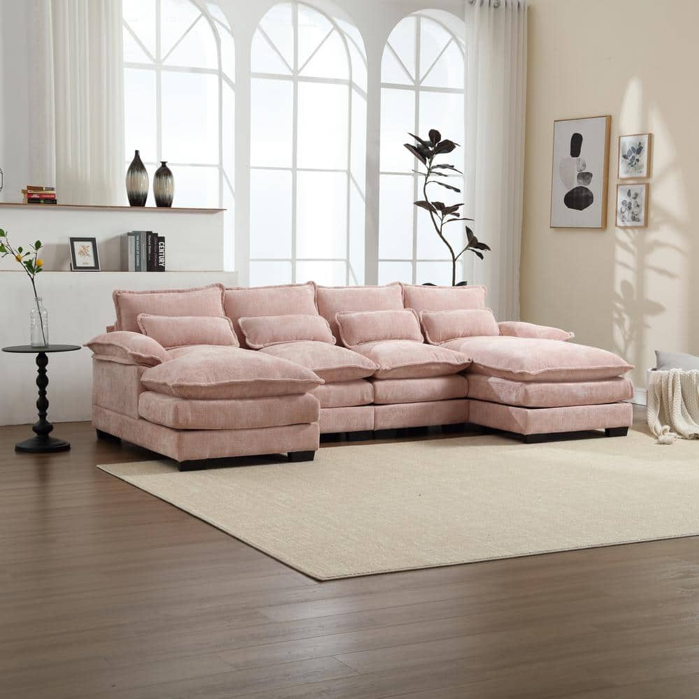 HOMEFUN 110 in. Rolled Arm 4-Piece U-Shaped Modular Chenille Sectional Sofa Couch in Pink with 2 ...