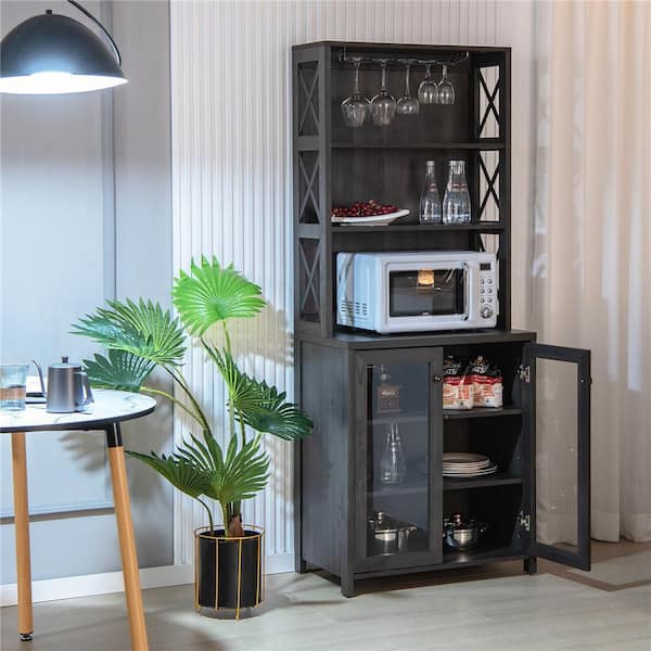 Costway Tall Freestanding Bar Cabinet Kitchen Buffet w Glass Holder and Adjustable Shelf M1C 10N4 A71DK