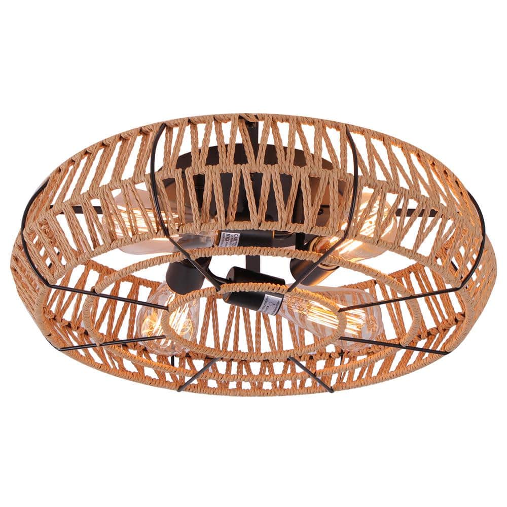 bessten 19.3 in. 4-Light Black Caged Flush Mount with Rattan Shade and ...