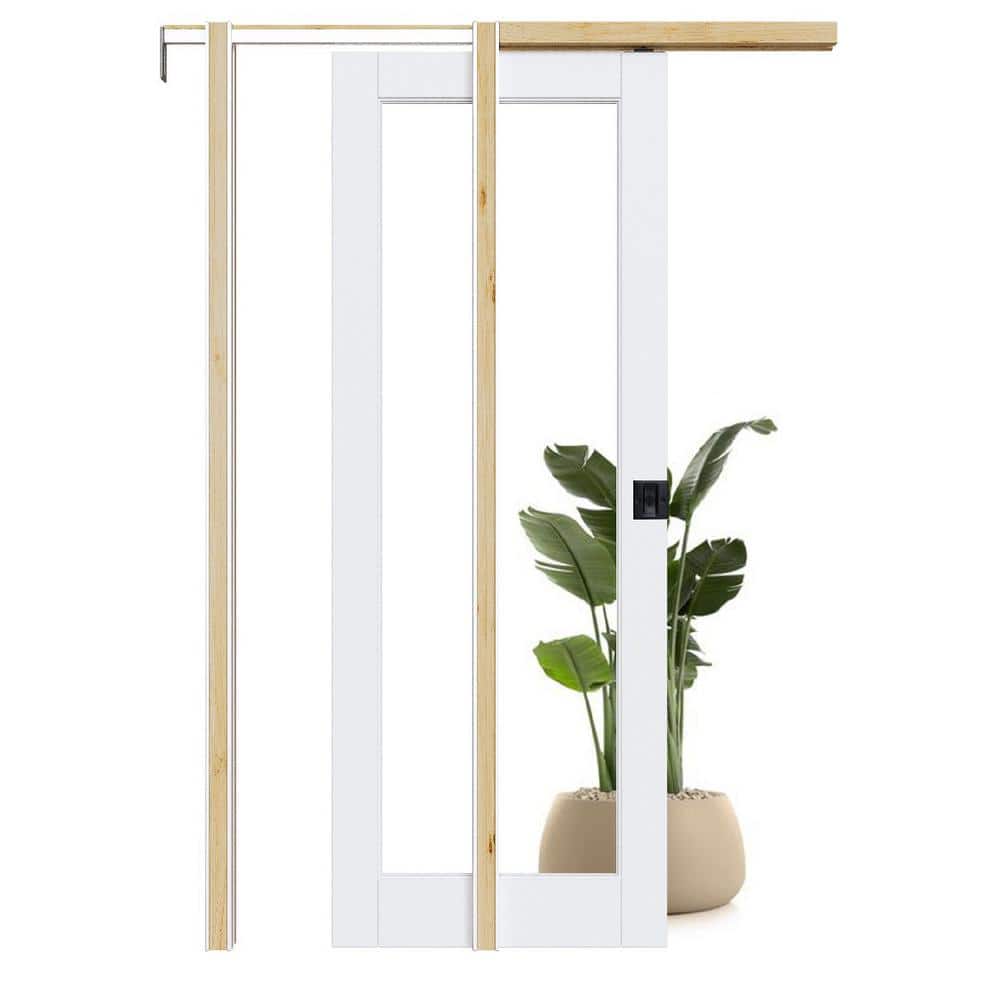 ARK DESIGN 28 in. x 80 in. 1-Lite Clear Glass White Primed MDF Pocket ...