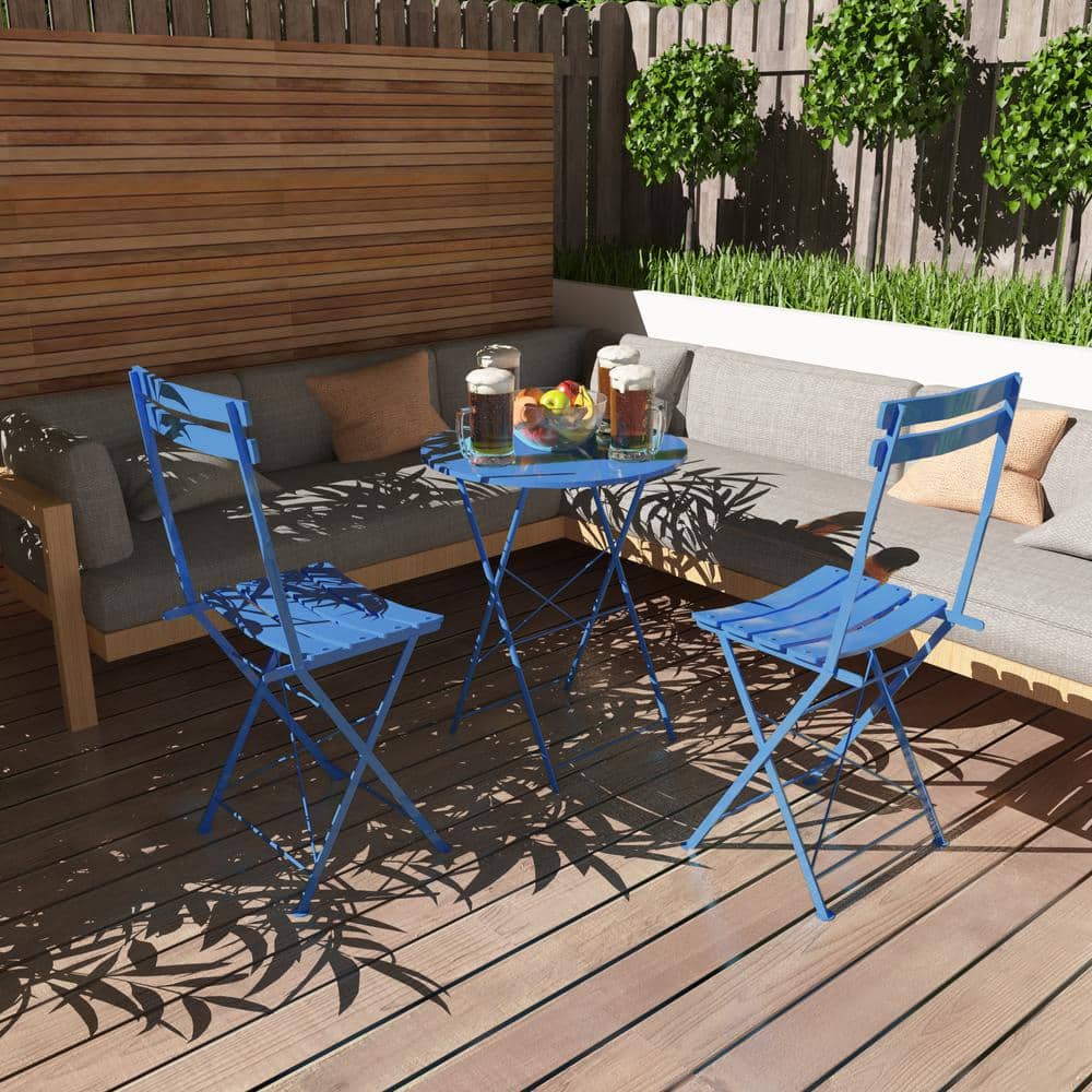 BANSA ROSE Peacock Blue 3 Piece Metal Round 14.7 in. Outdoor Bistroor Outdoor Serving Bar Set Bistro Sets ZGZZRA211029008 The Home Depot