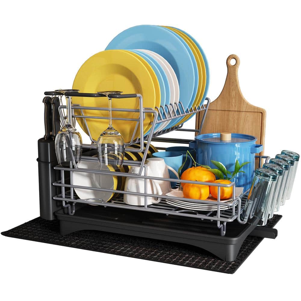 JASIWAY 2-Tier Metal Standing Dish Rack in Gray with Wine Glasses Rack ...