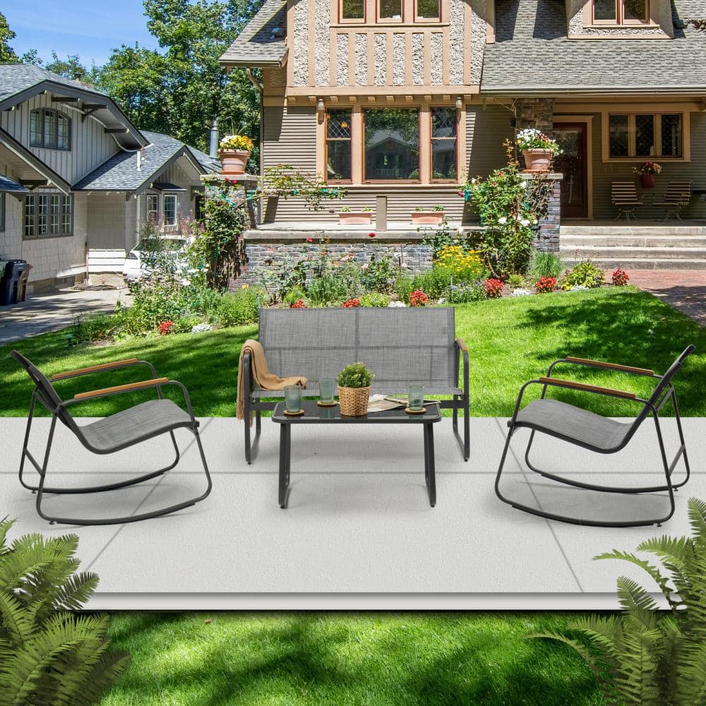 KOZYARD 4-Piece Metal Patio Conversation Set with Gray Breathable ...