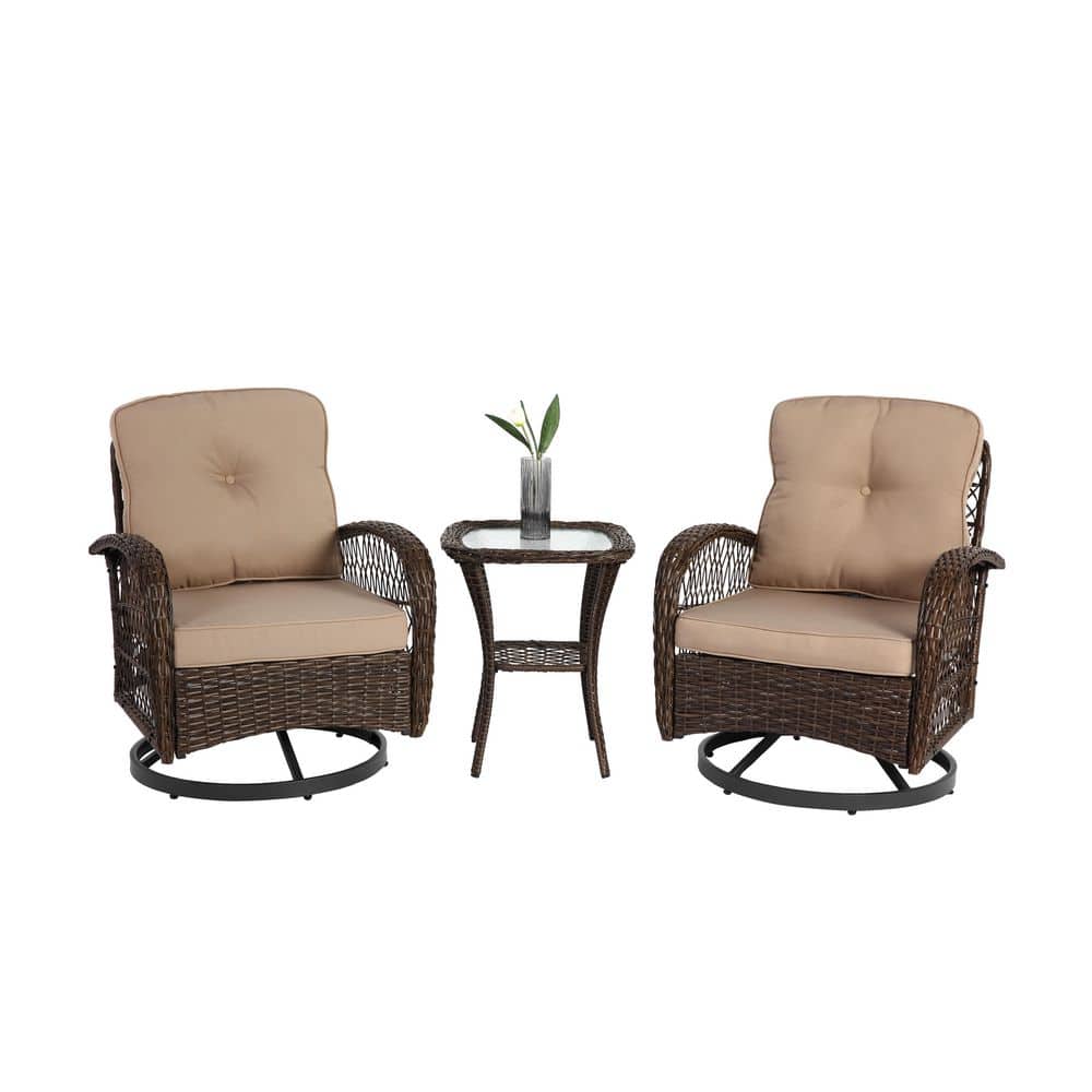 Lycvki 3 Pieces Metal Outdoor Rocking Chairs with Khaki Cushions and ...
