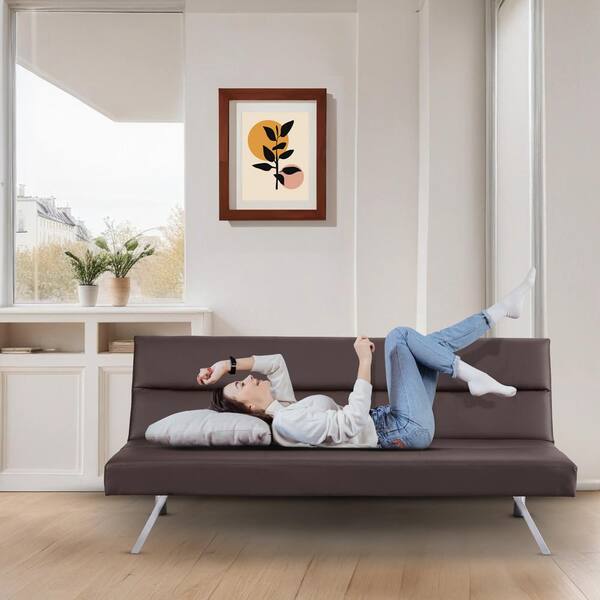 HOMESTOCK Espresso Futon Sofa Bed Faux Leather Futon Couch Modern Convertible Folding Sofa Bed Couch With Chrome Legs 98831