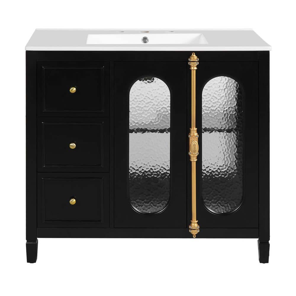 LuckByte 36 in. Black Wood Rectangle Vessel Sink Bathroom Vanity Combo ...