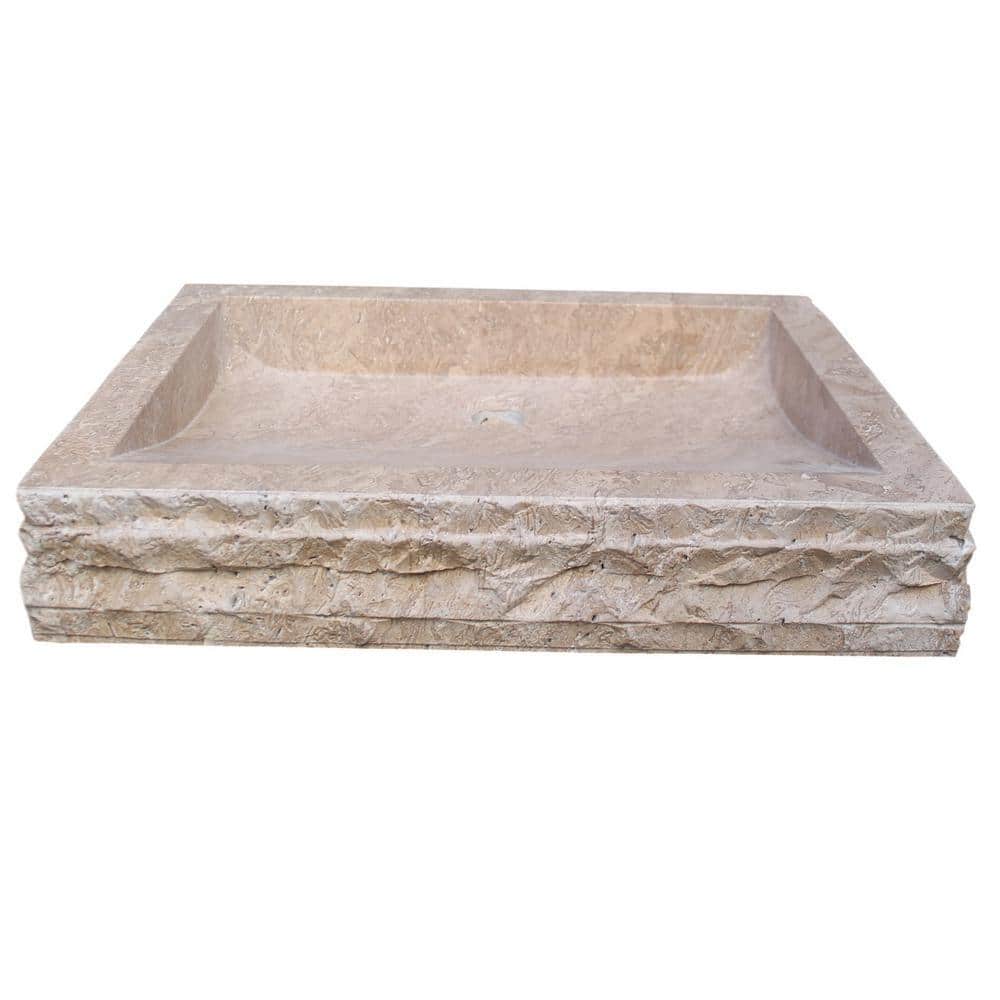 TashMart Chiseled Rectangular Natural Stone Vessel Sink in Almond Brown ...