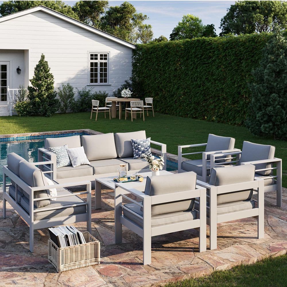 Poteban 7-Piece White Aluminum Patio Conversation Set with Light Gray ...