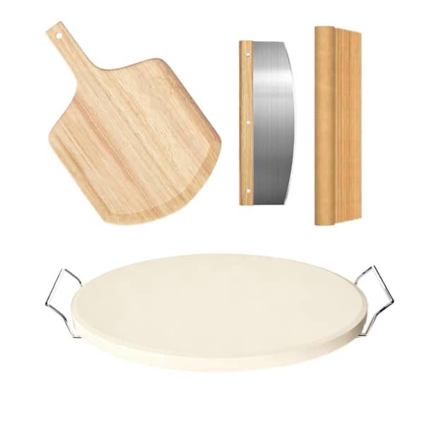 Wudkey 5-Piece Round Pizza Stone Set with Oak Peel, Serving Rack ...