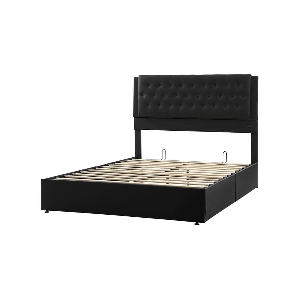 JAYDEN CREATION Lazaro Black Wooden Queen Platform Bed with USB Charging Ports and Storage ...