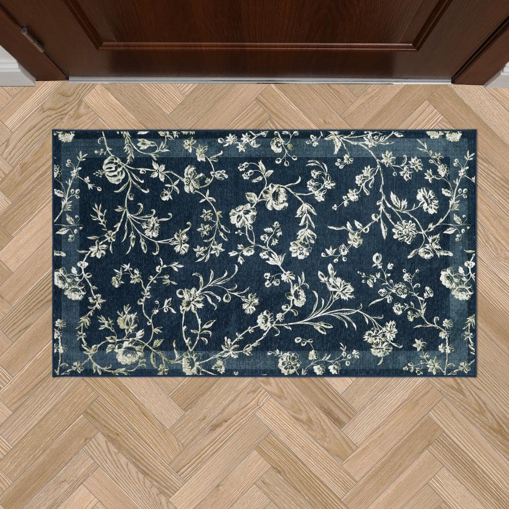 Laura Ashley Aria Floral Border Chenille Dark Navy 2 ft. x 4 ft ...