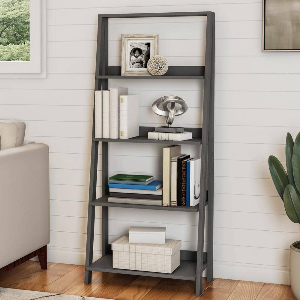 Lavish Home 55.25 in. Black 4-Tier Ladder Bookcase Freestanding ...