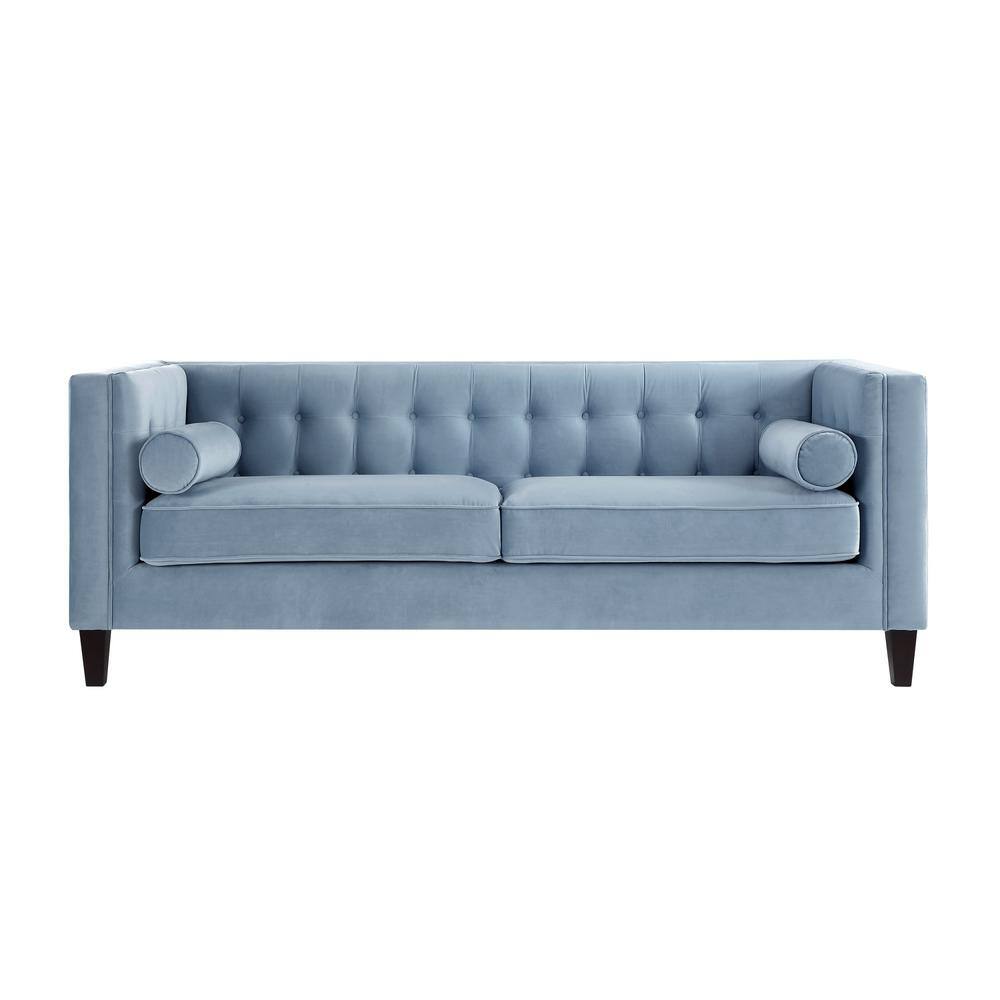 Inspired Home Miah 34 in. Slate Blue Velvet 3-Seater Tuxedo Sofa with ...