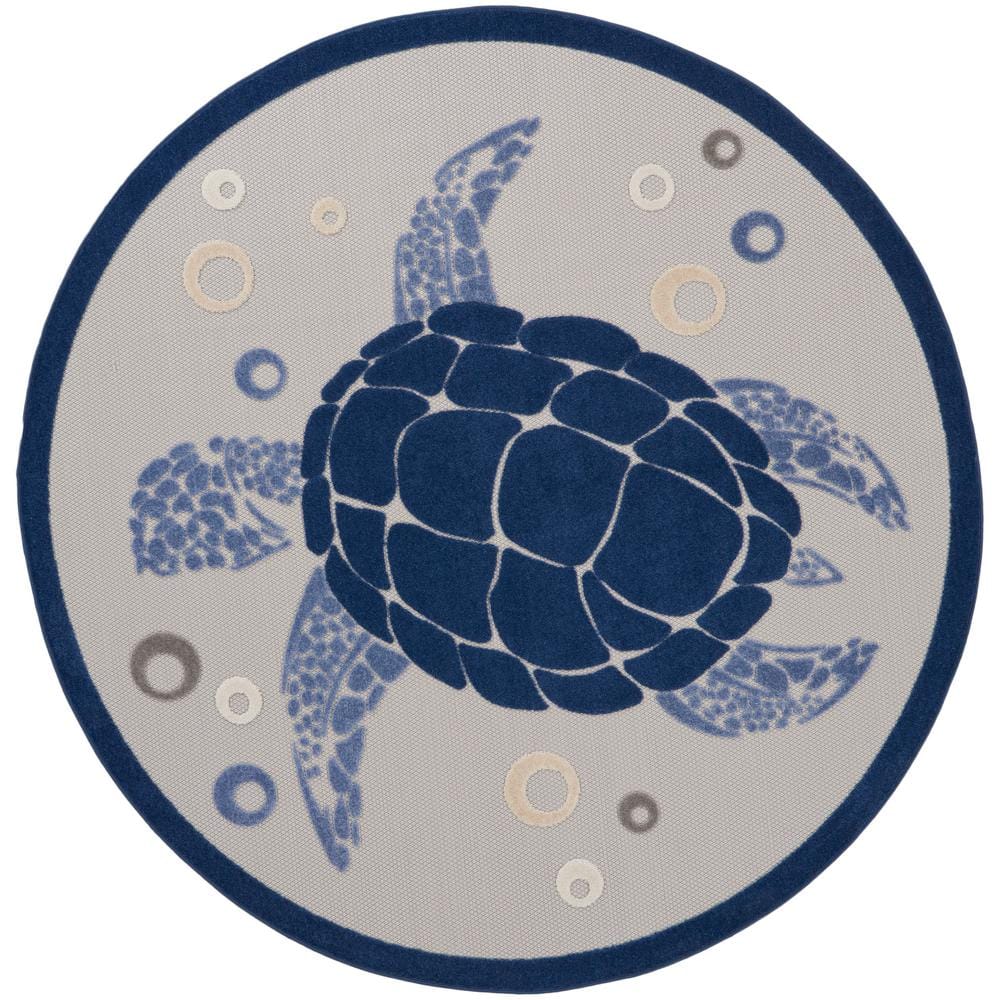 Nourison Aloha Navy Blue 8 ft. x 8 ft. Coastal Sea Turtle Contemporary ...