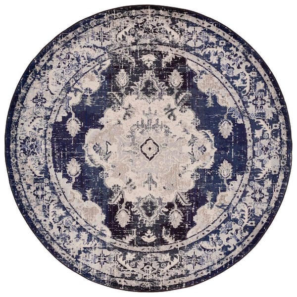 SAFAVIEH Monaco Ivory/Navy 7 ft. x 7 ft. Distressed Border Medallion ...