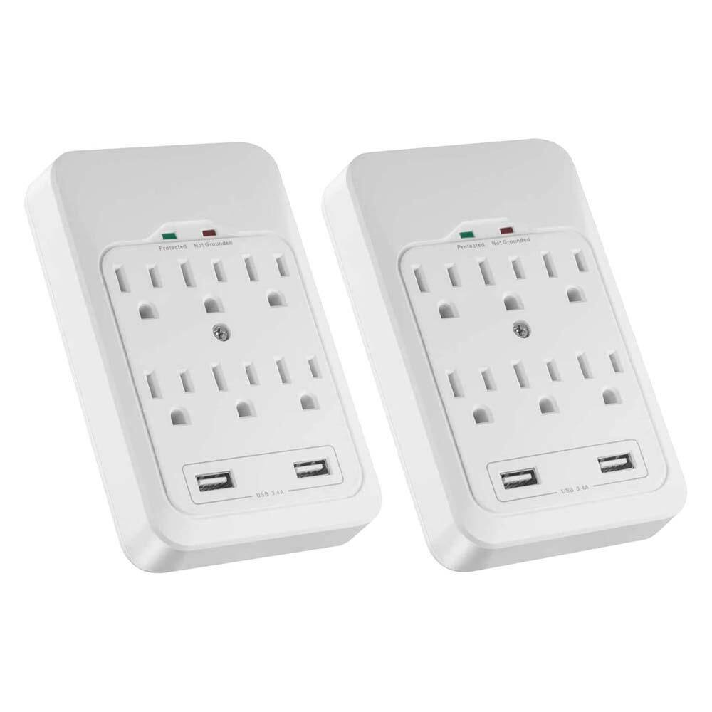 Yichuhaoxi 6-Outlet Surge Protector with 2 USB Ports 3. 4A 980 Joules LED Indicator White 2 Pack ...