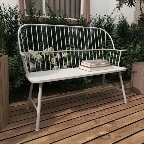 Litton Lane 2-Person White Metal Outdoor Bench 86944 - The Home Depot