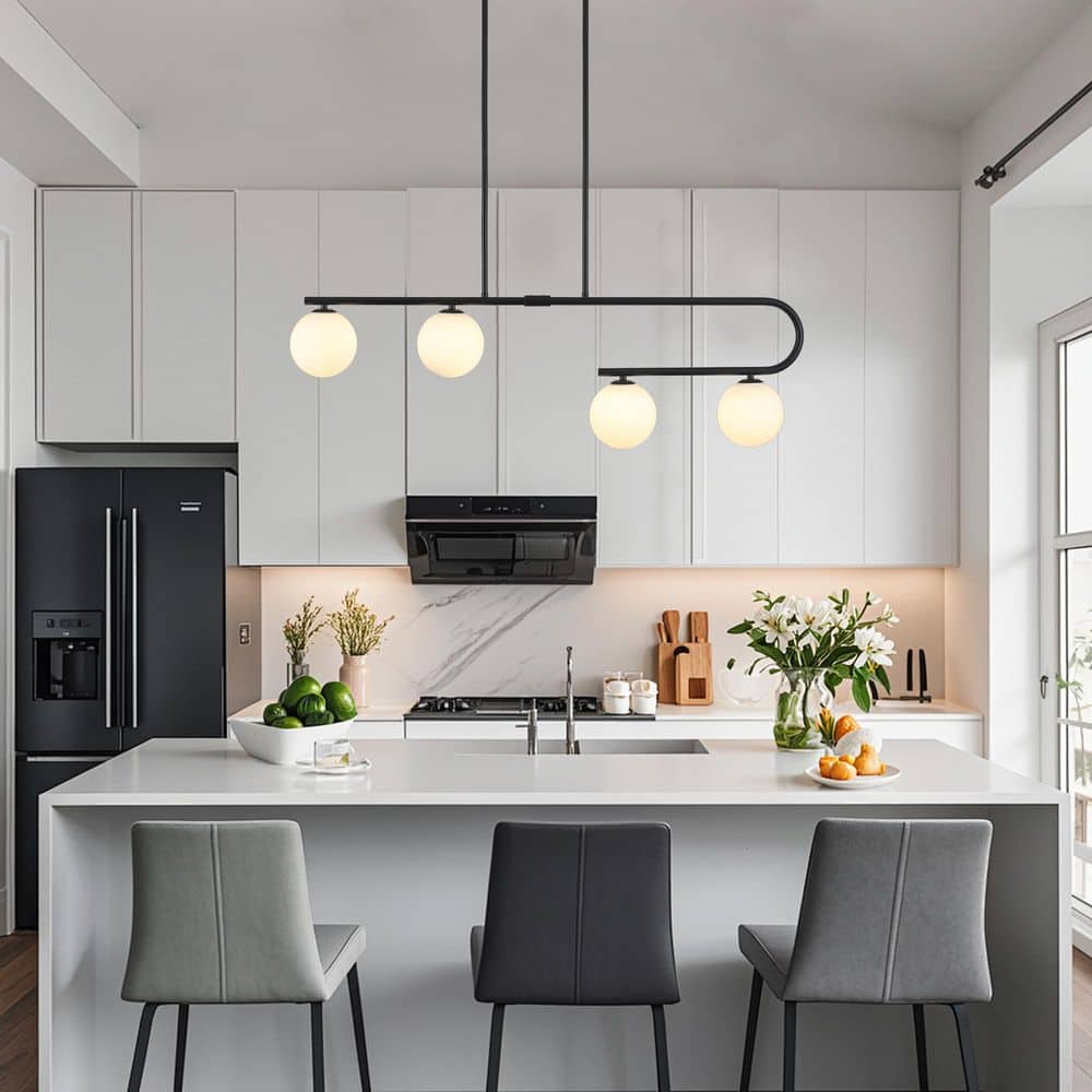 ADSENSTY 4-Light Black Modern Milk Globe Chandelier Glass Globe Pendant ...