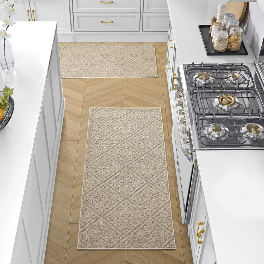 Laura Ashley Austell Solid Beige 2 ft. x 5 ft. Geometric 2-Piece Rug ...
