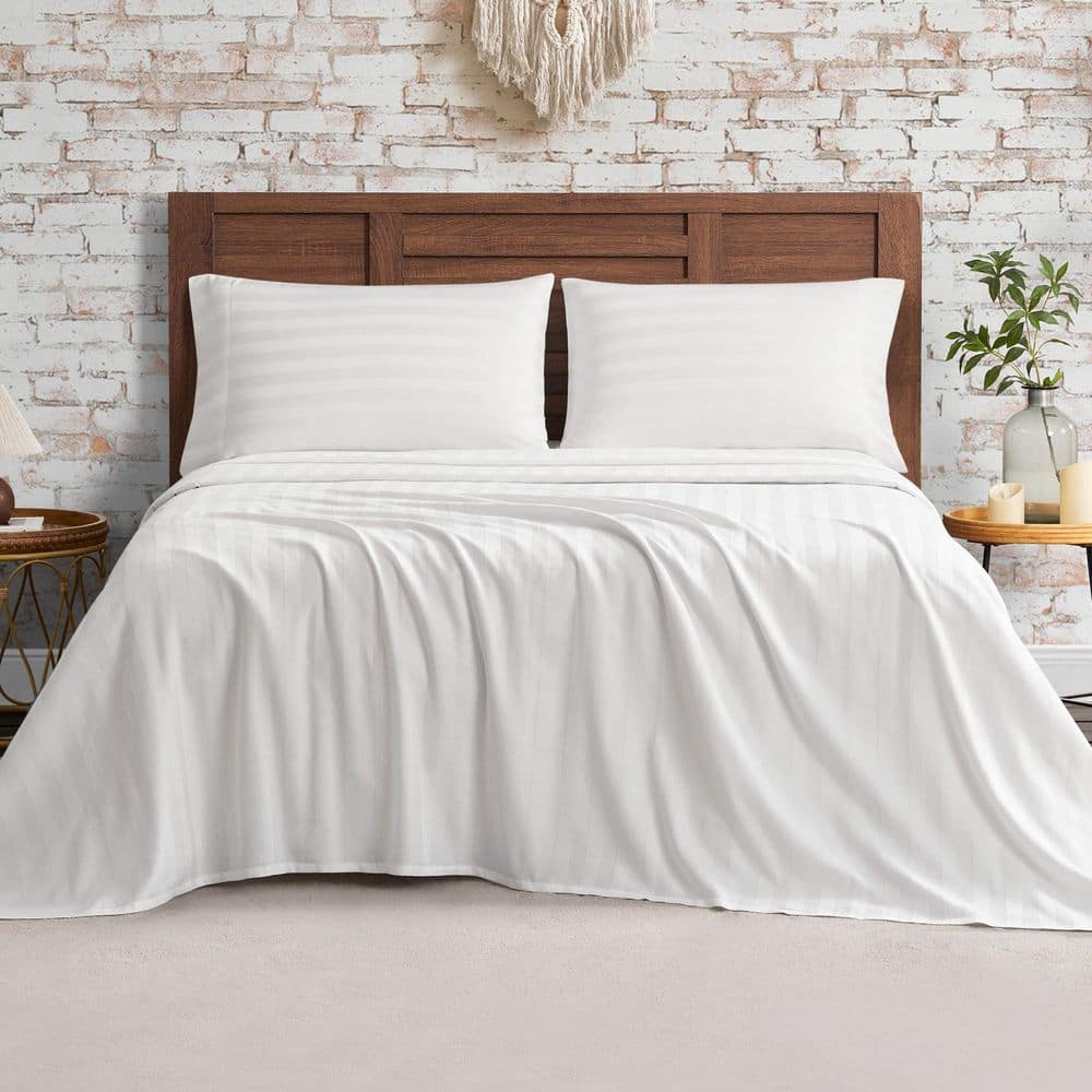 French Connection Lux Sleep 4-Piece White Striped Sateen Cotton Queen ...
