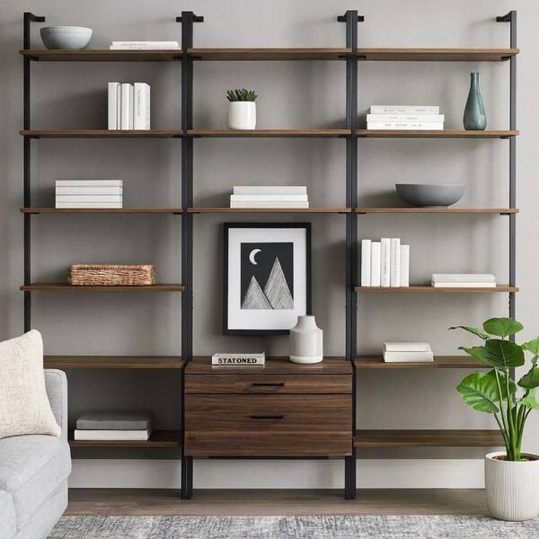 Benjara Wens 96 in. Tall 3-Piece Walnut Brown Metal and Wood Wall ...