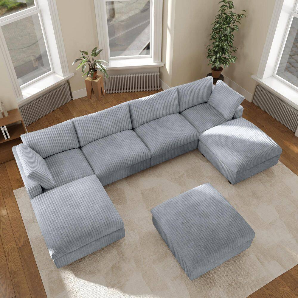 J&E Home 157.48 in. Square Arm 7-piece Rabbit Velvet Plush U-Shaped ...