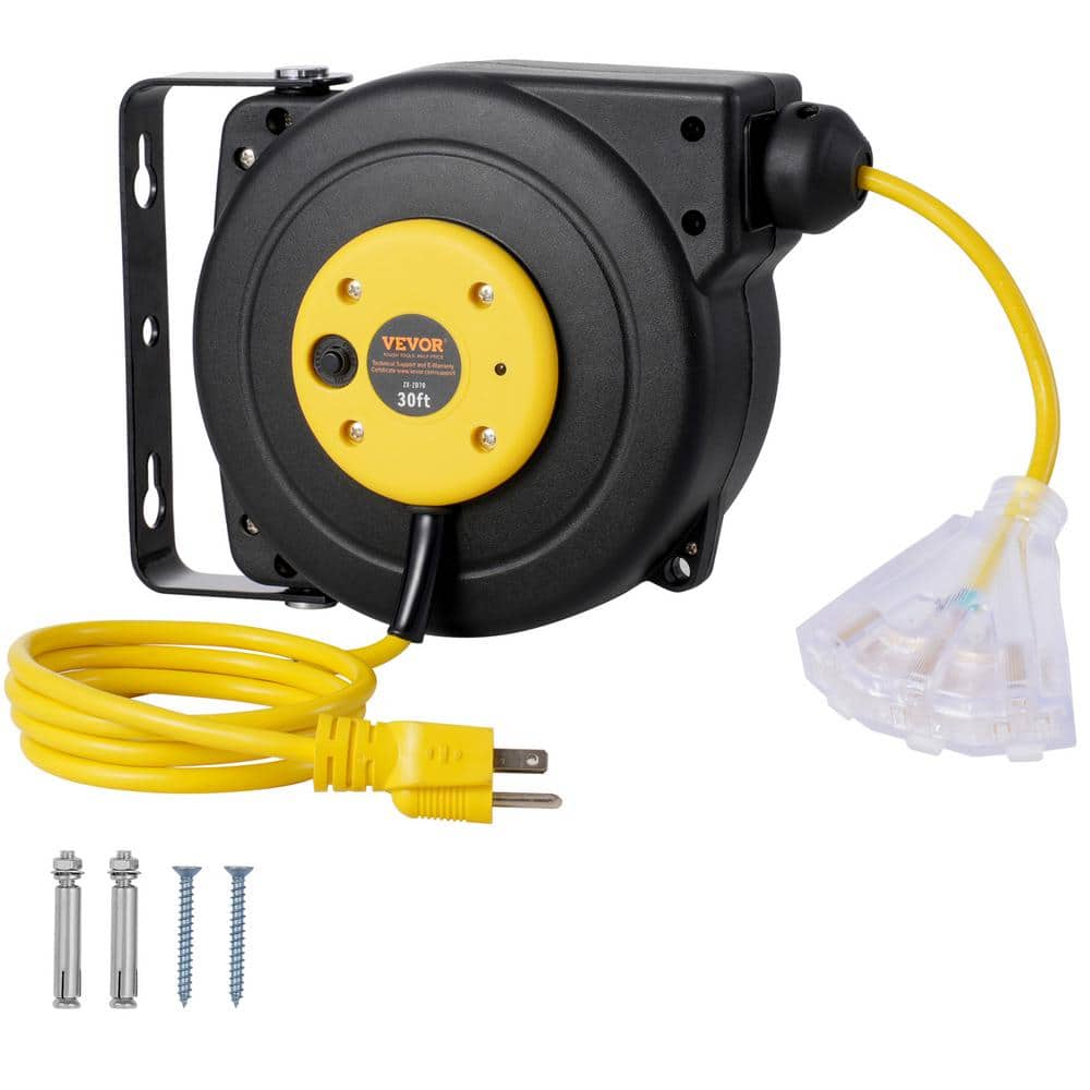 VEVOR 30 ft. 16AWG/3C 10 Amp SJTOW Retractable Extension Cord Reel ...