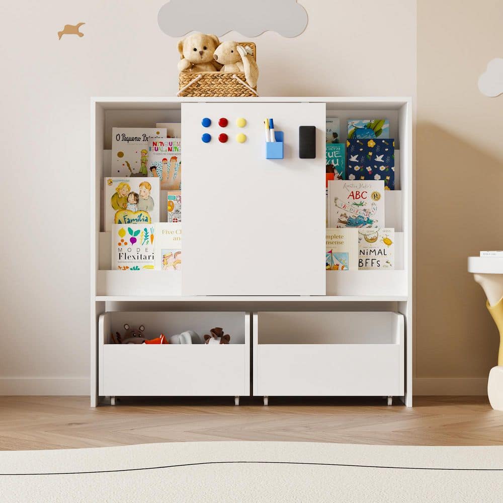 FUFU&GAGA 38 in. Tall White Wood 4-Shelf Accent Bookcase with 2 Rolling ...
